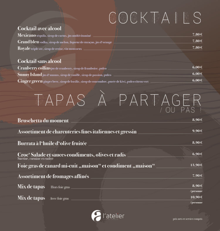 Menu du restaurant l'Atelier à Ludres - PUB UP